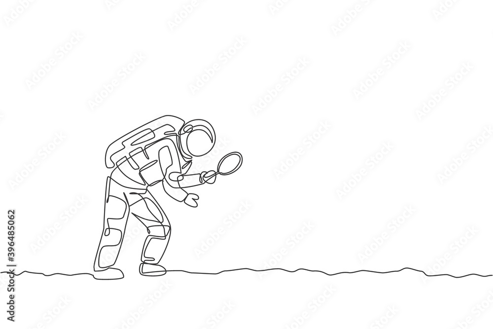 One continuous line drawing of young astronaut holding magnifier and ...
