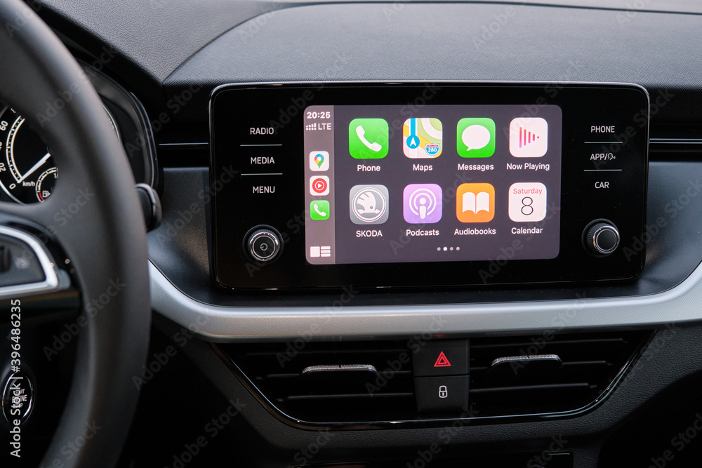 Apple CarPlay screen in the car dashboard main menu. Entertainment in ...