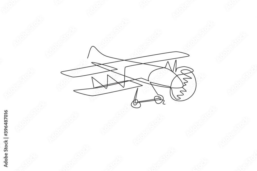 Single continuous line drawing of retro biplane flying on the sky ...