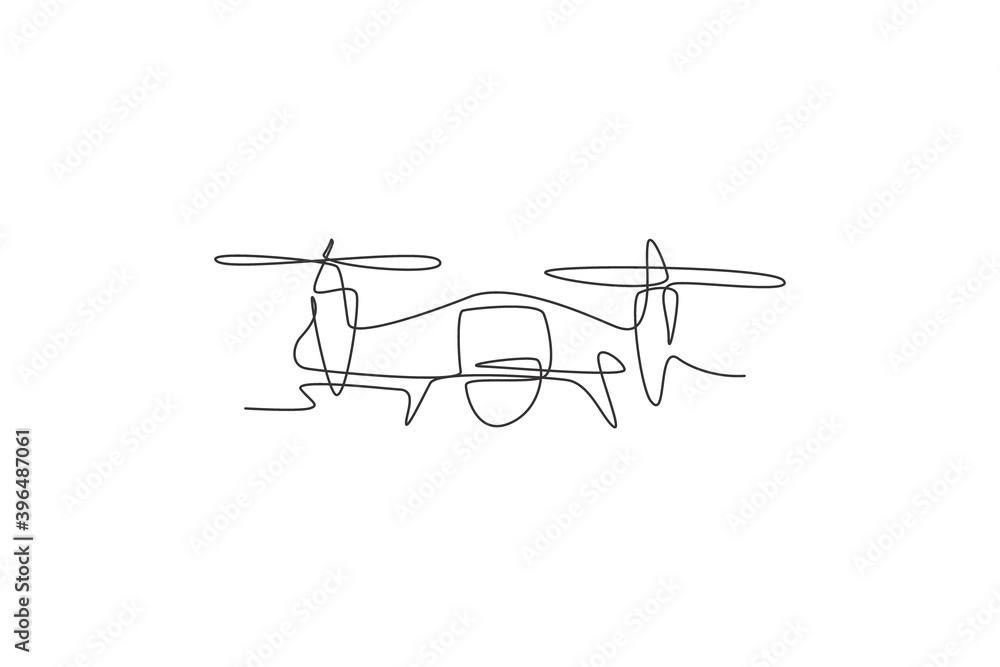 One continuous line drawing of flying drone airplane, unmanned plane ...