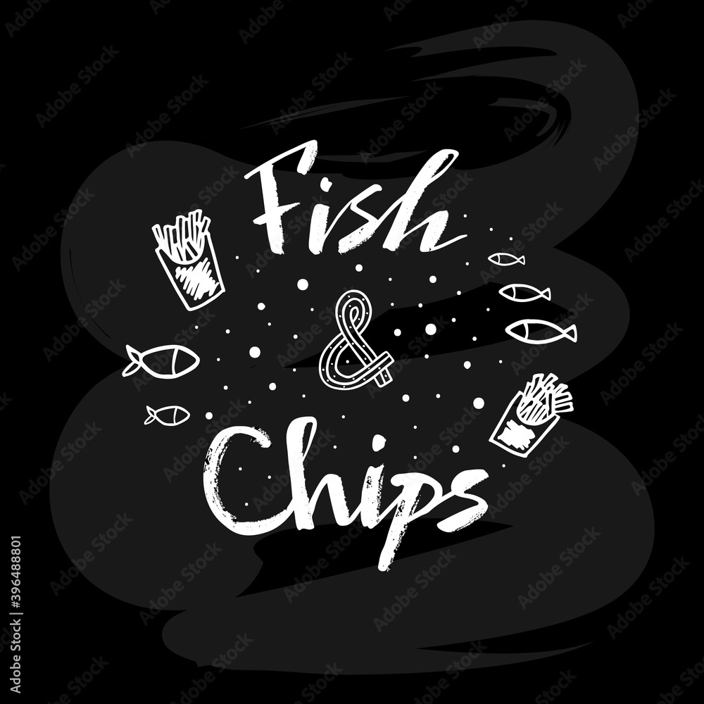 Vector illustration of fish and chips lettering for banner, leaflet ...