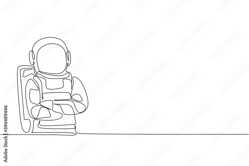 One single line drawing of cosmonaut standing pose with style while ...