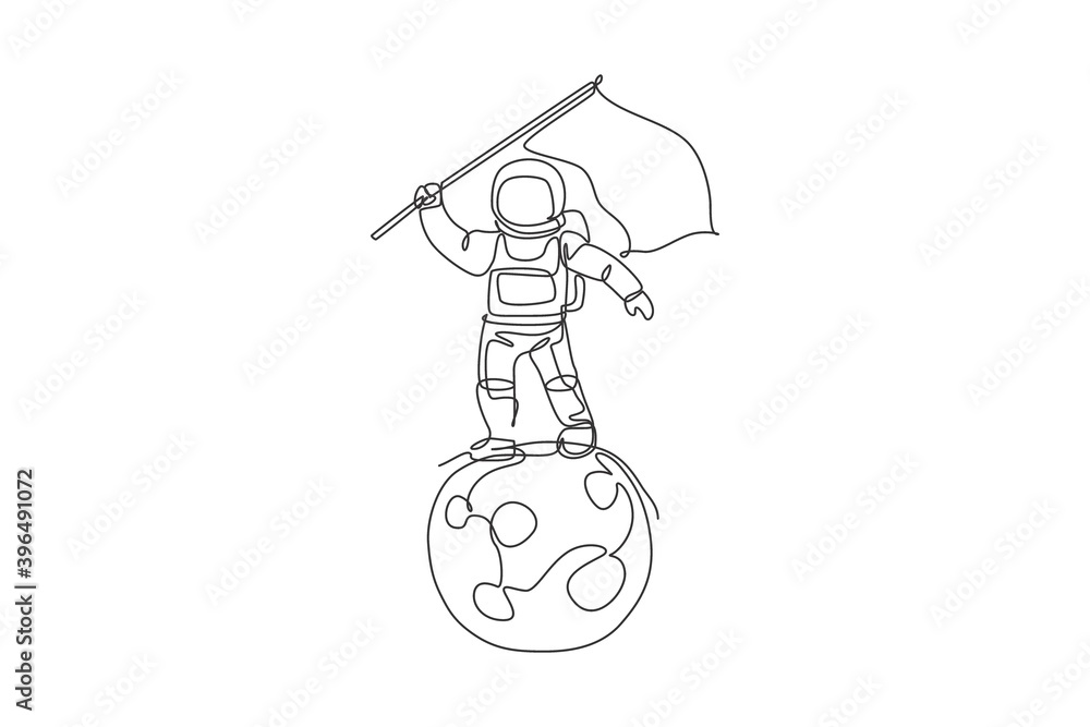 One continuous line drawing of cosmonaut exploring outer space ...