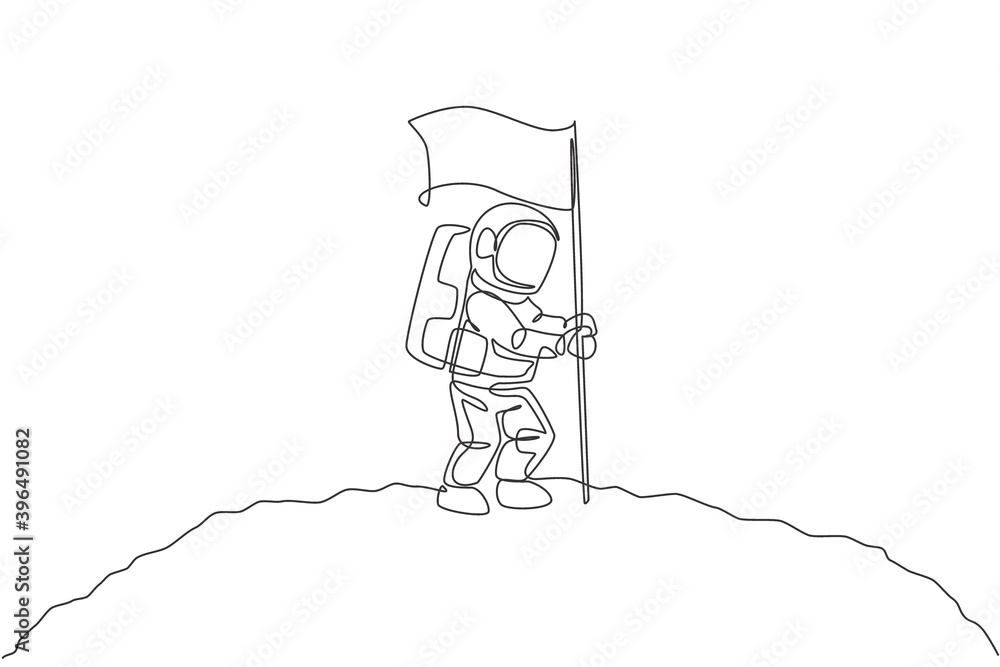 One single line drawing of space man astronaut exploring cosmic galaxy ...