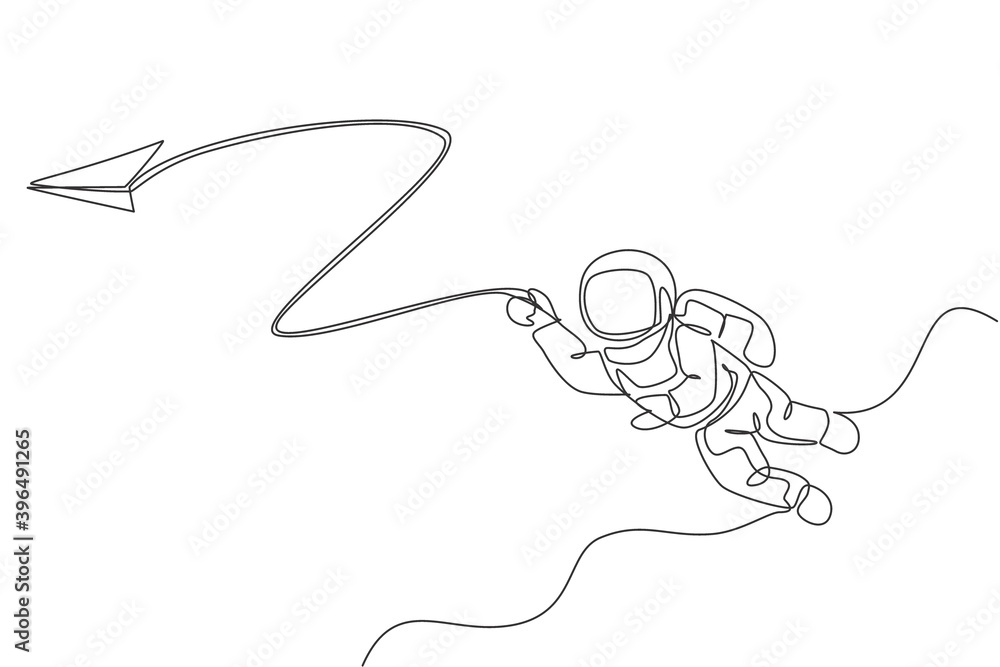One single line drawing space man astronaut exploring cosmic galaxy ...