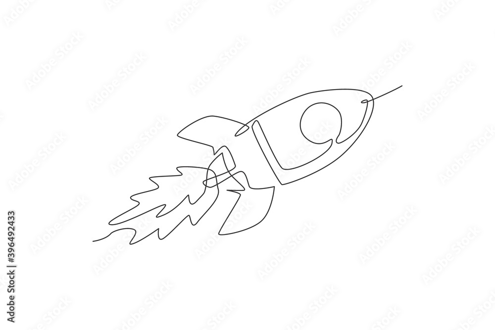 One single line drawing of simple vintage rocket takes off into the ...