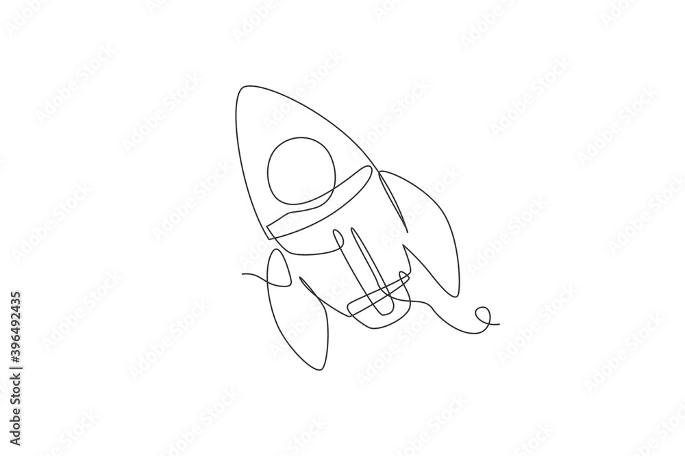 One continuous line drawing of simple retro spacecraft flying up to the ...