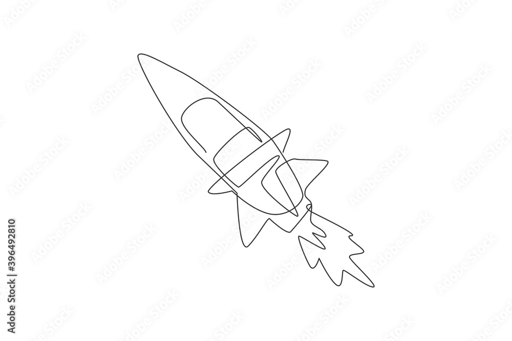 One continuous line drawing of simple retro spacecraft flying up to the ...