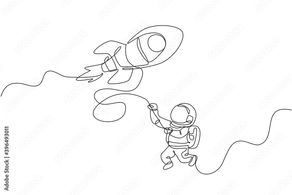 One single line drawing astronaut in spacesuit floating and discovering ...
