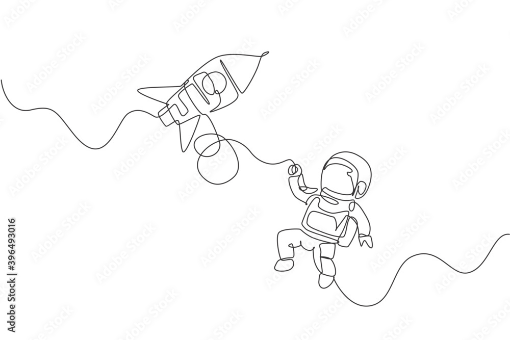 One single line drawing of astronaut in spacesuit floating and ...