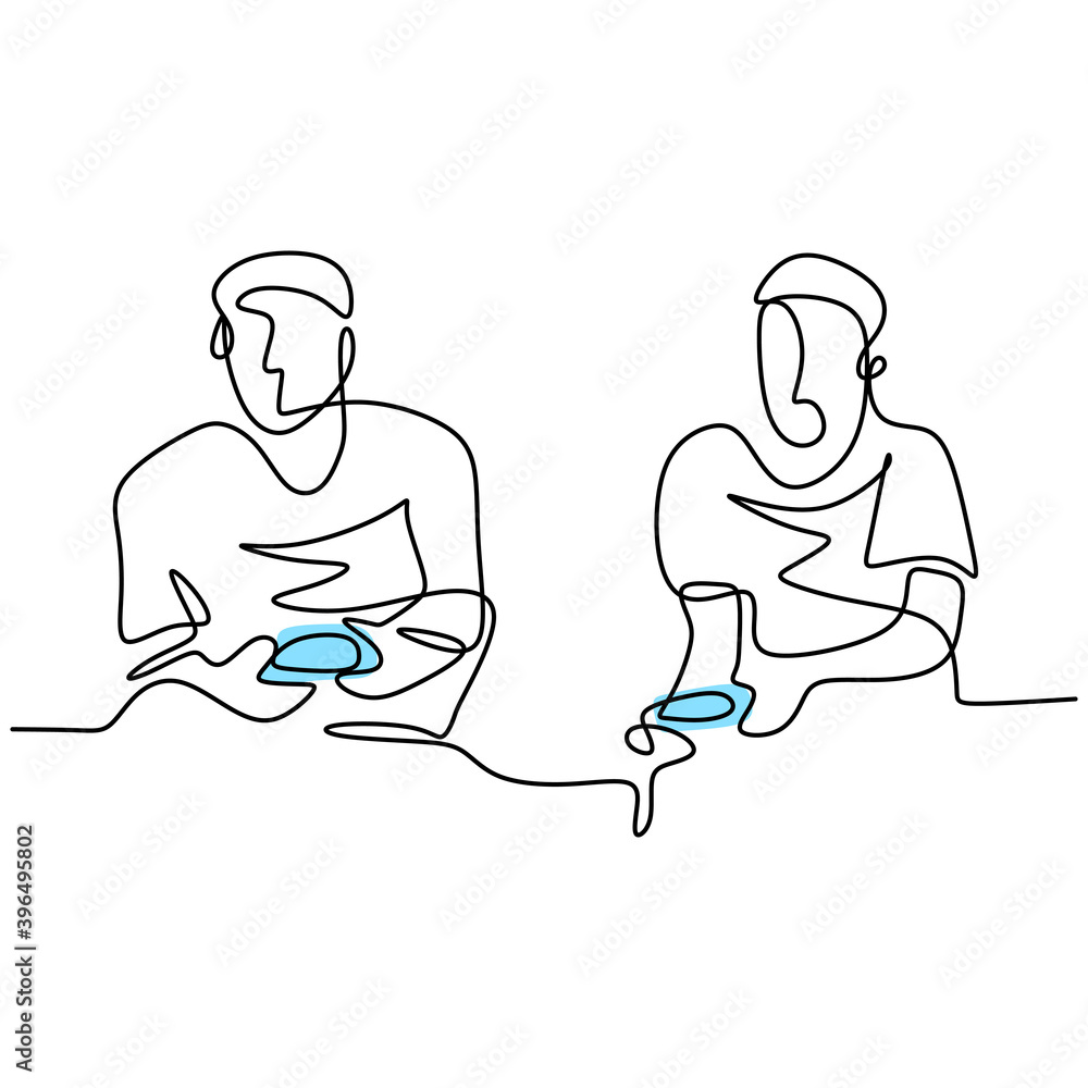 Continuous line drawing of two young gamer playing a game console ...