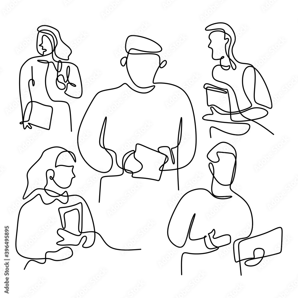 One line drawing of groups of happy college students standing pose ...