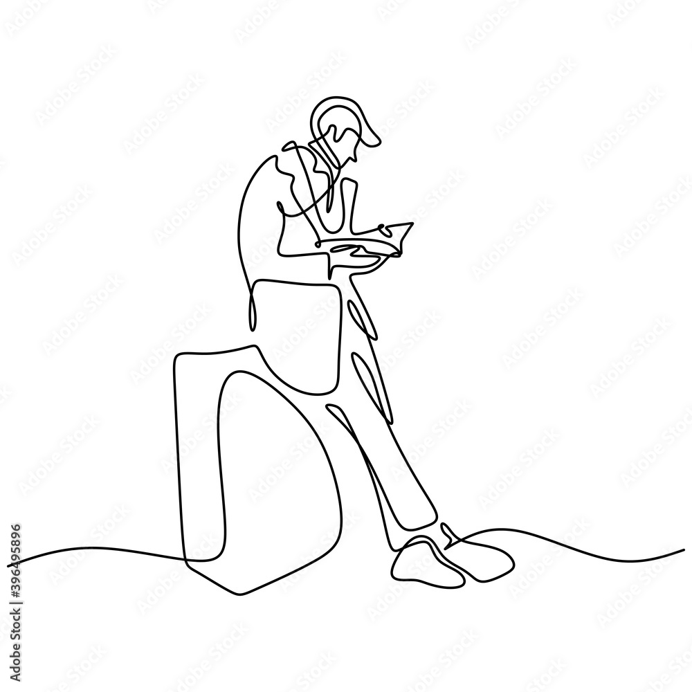 Continuous single line drawing of a lecturer is standing in front of ...