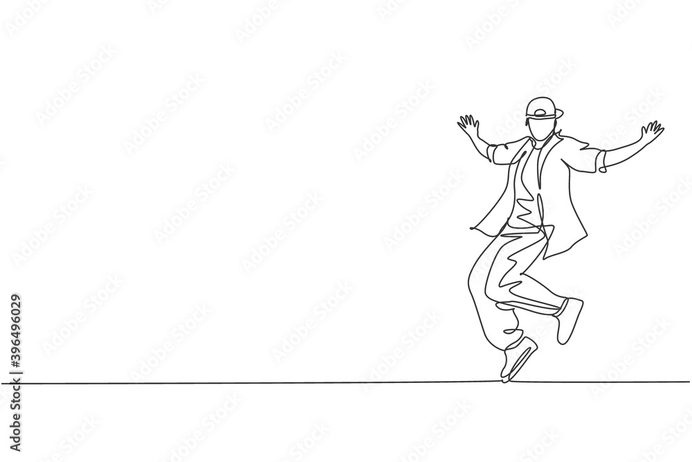 One continuous line drawing of young sporty break dancer man with ...