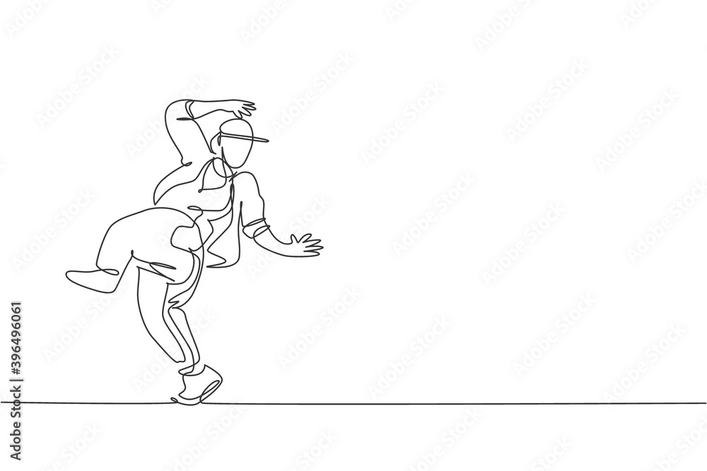 One single line drawing young modern street dancer man with tracksuit ...