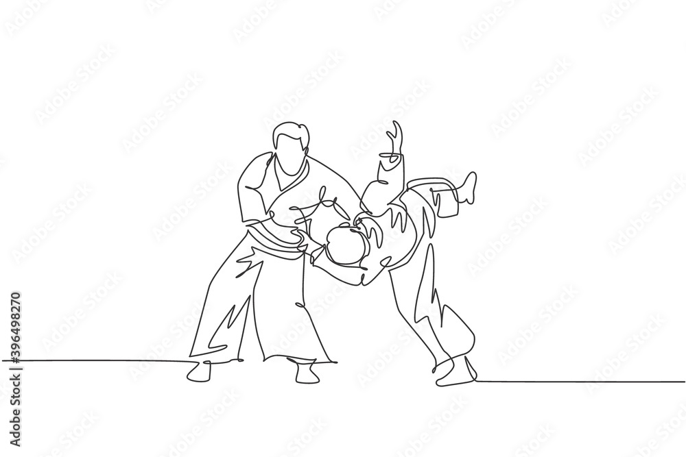 One continuous line drawing young man aikido fighter practice fighting ...