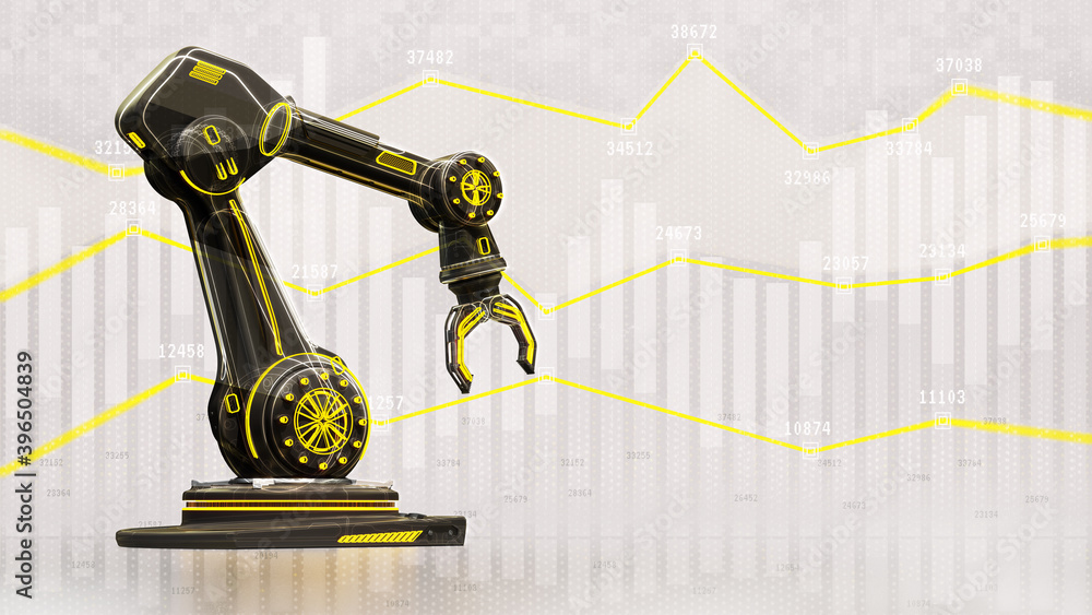 Technical drawing of autonomic robotic hand on the left side and yellow ...