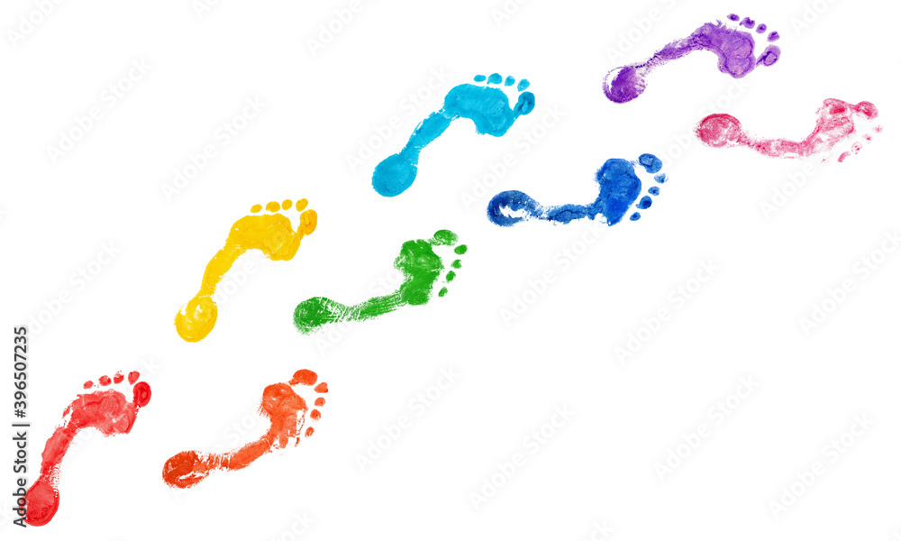 Rainbow color human footprints way white background isolated, colorful ...