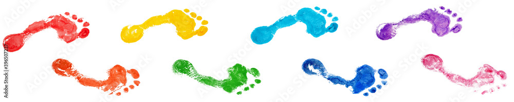 Rainbow color human footprints way white background isolated, colorful ...