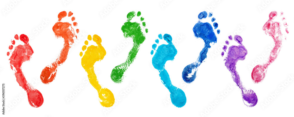 Rainbow color human footprints set white background isolated close up ...