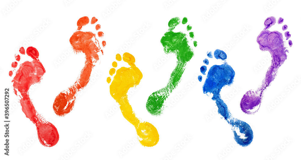 Human footprints LGBTQ community rainbow flag colors white background ...