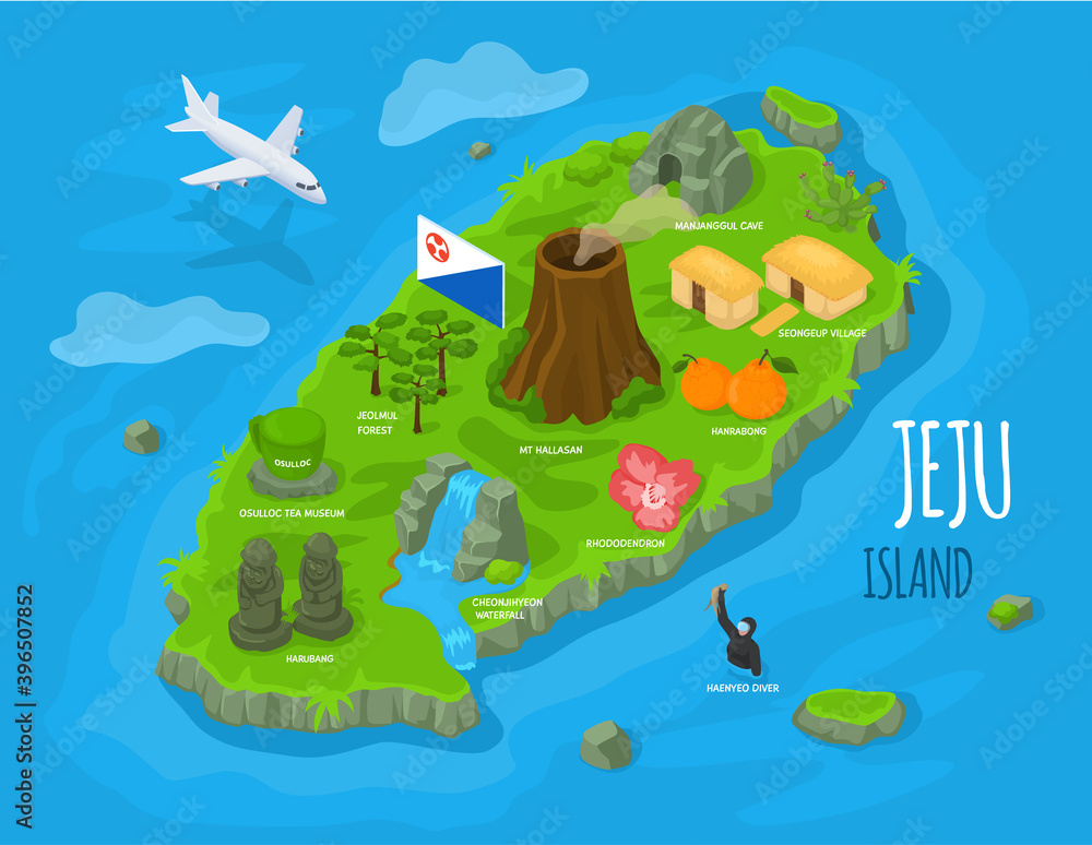 Isometric Jeju island, South Korea. Jeju-do map with Jeju attractions ...