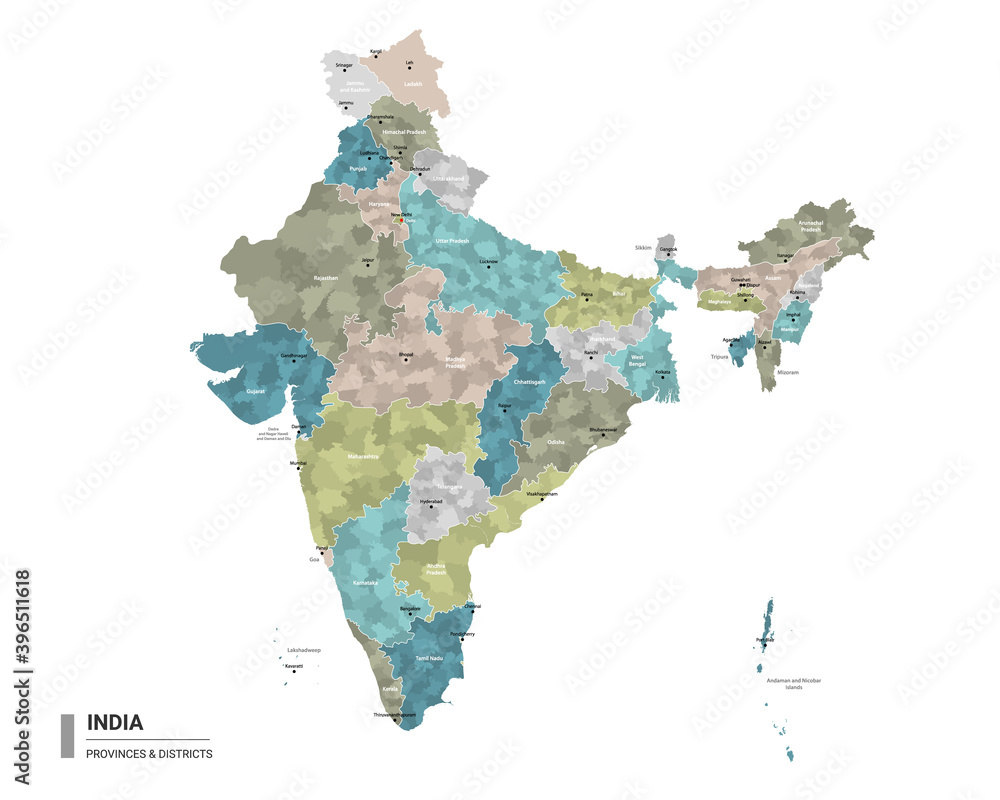 India higt detailed map with subdivisions. Administrative map of India with districts and cities ...