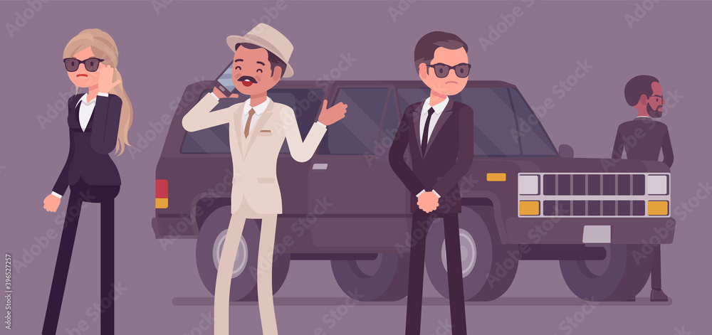 Group of bodyguard people escort and protect important famous man ...