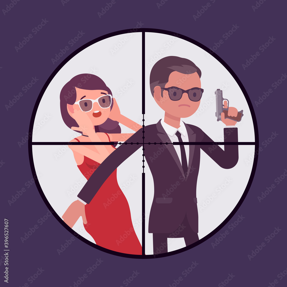 Bodyguard man protecting important famous woman, optical sniper sight ...