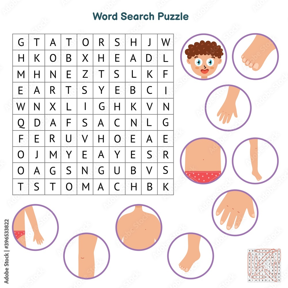 Body parts word search puzzle. Educational game for kids. Human body ...