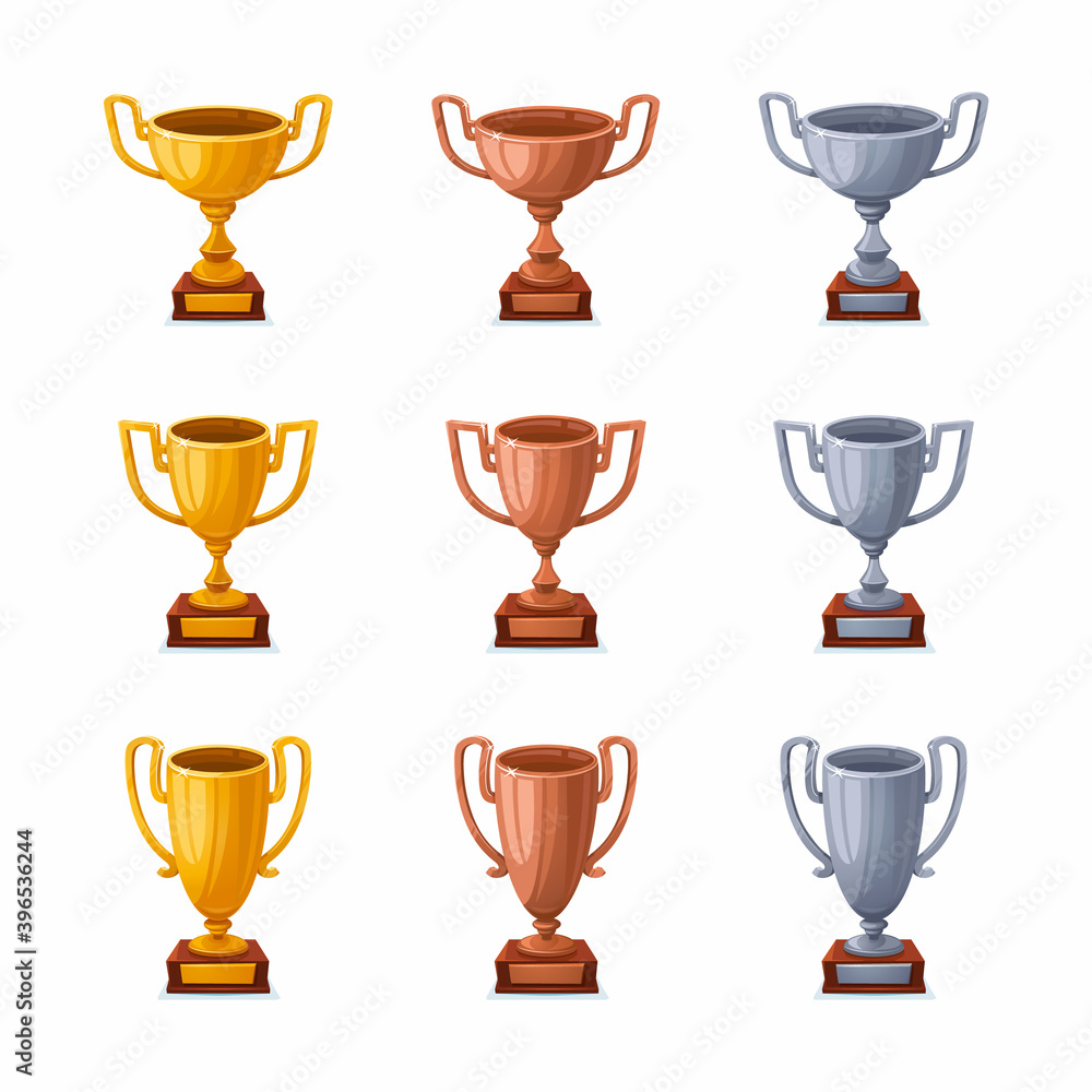 Gold, silver and Bronze trophy cups. Trophy award cups set with ...