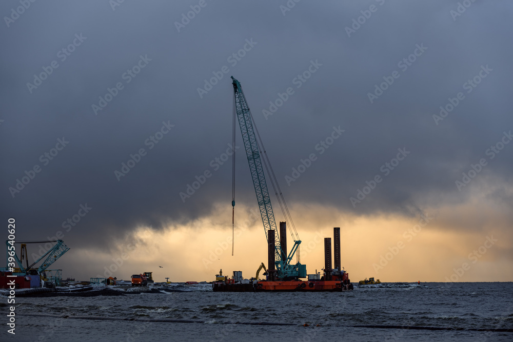Construction Marine offshore works. Dam building, crane, barge, dredger ...
