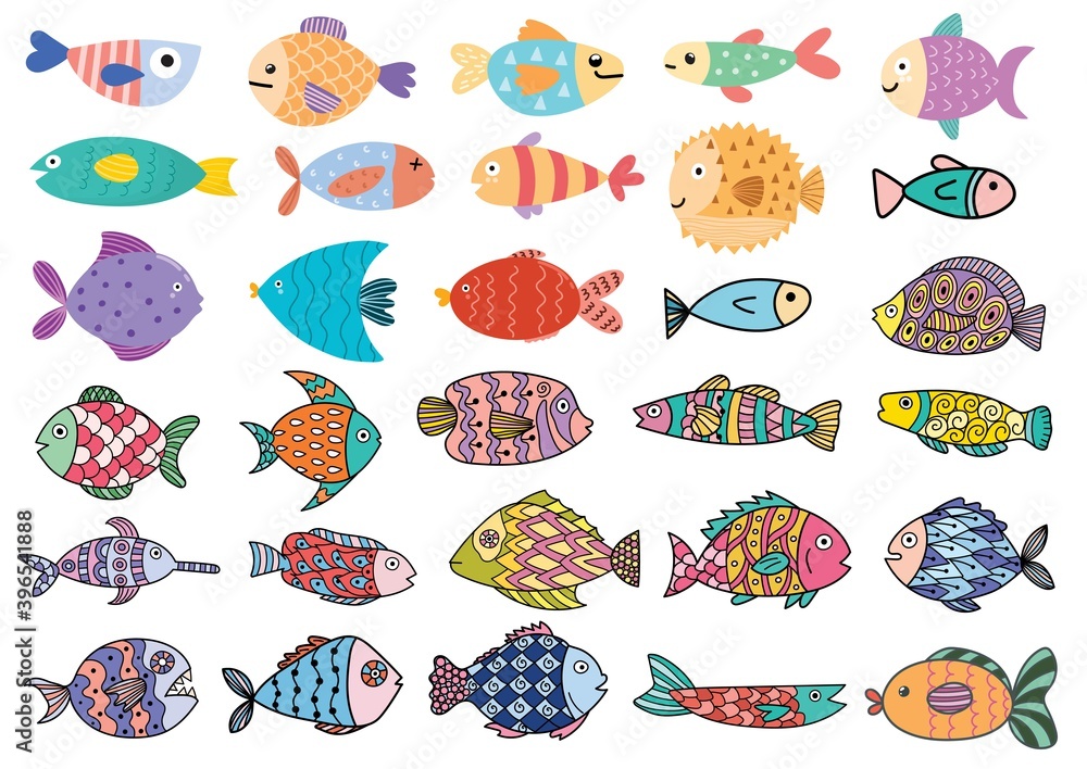 Cute fish big set. Clipart bundle with underwater animals Stock Vector ...