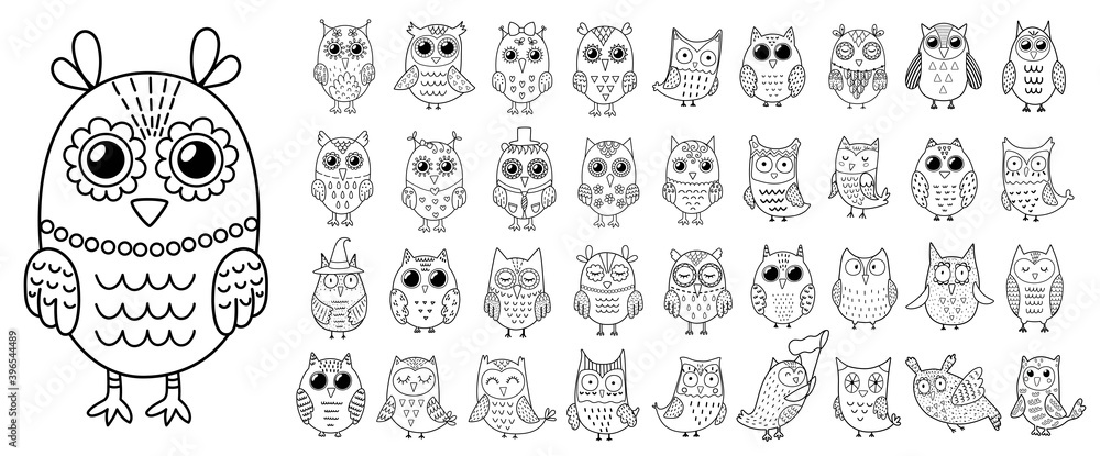 Black and white owls clipart set. Cute outline bird characters bundle ...
