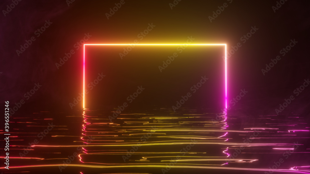 A bright neon frame shimmers with a neon spectrum of light in the water ...