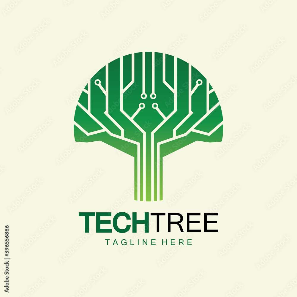 tech tree logo concept,green network technology logo vector.tech tree electrical circuit digital ...