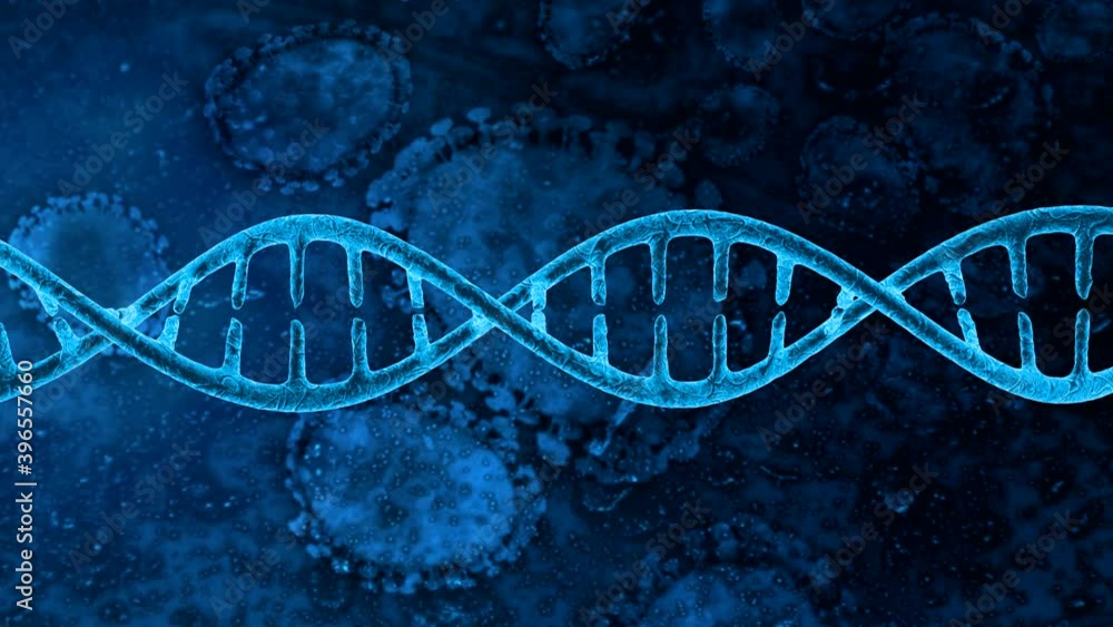 Blue dna helix. Microscopic view of infectious virus cells. Electron ...