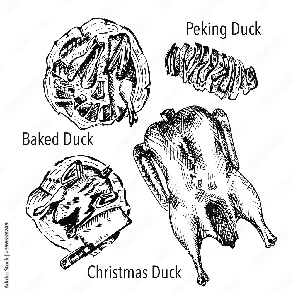 Peking, Christmas, baked duck, cut in half, sliced, on a board, graphic ...