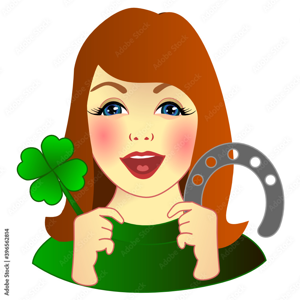 clover, horseshoe, luck, lucky, art, girl, caricature, cartoon ...