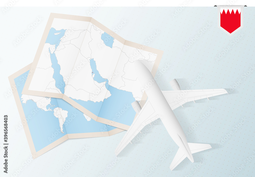 Travel to Bahrain, top view airplane with map and flag of Bahrain ...