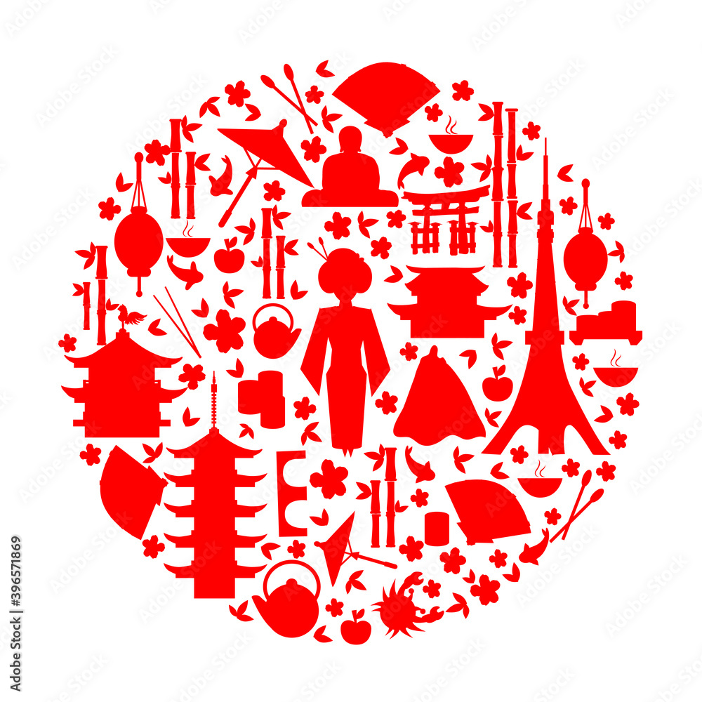 Japanese symbol set in round shape with traditional food travel icon of ...