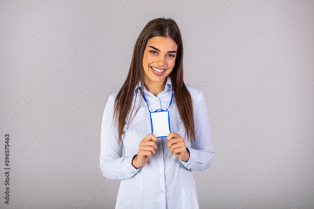 Person identity label. Women in shirt uniform with empty id card mock ...