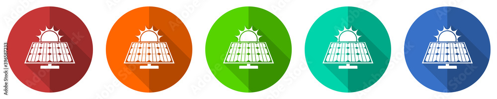 Sun over solar panel vector icon set, red, blue, green and orange flat ...
