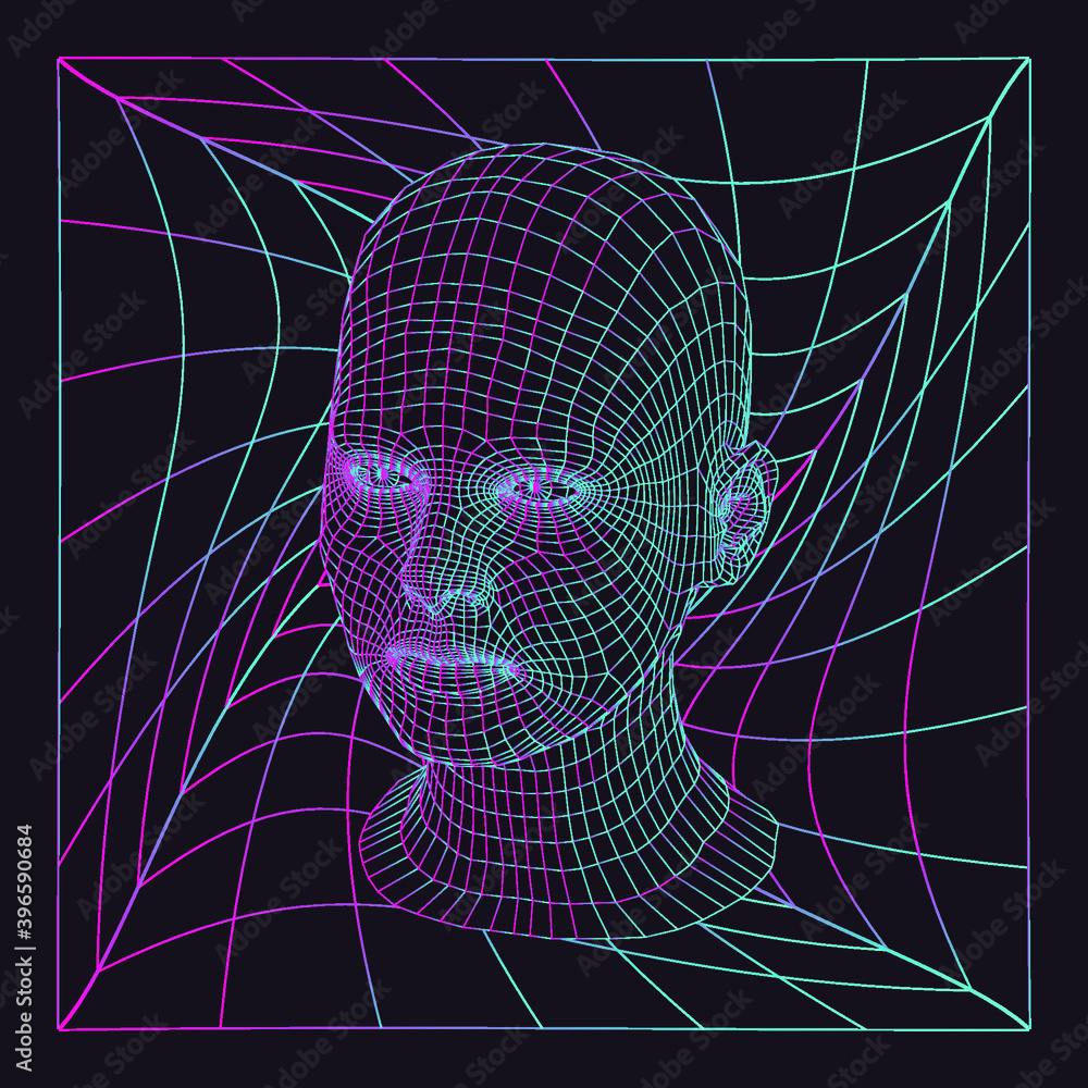 Silhouette of 3d low poly human head. Illustration in retrofuturistic ...