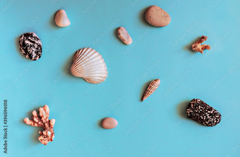 Abstract blue background with sea objects - pebble stones, seashells ...