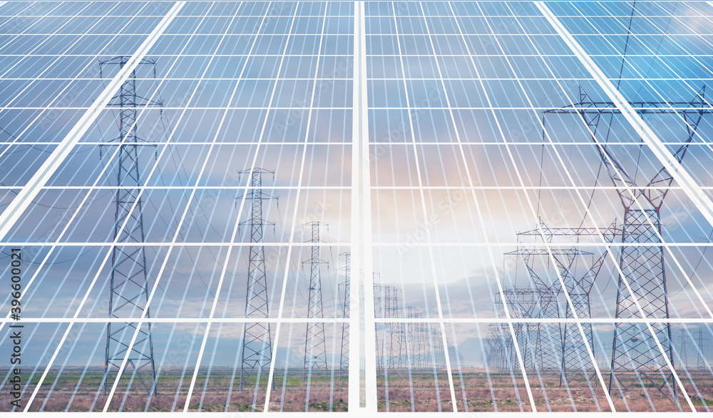 Solar energy panels with High voltage power lines with amazing sunset ...