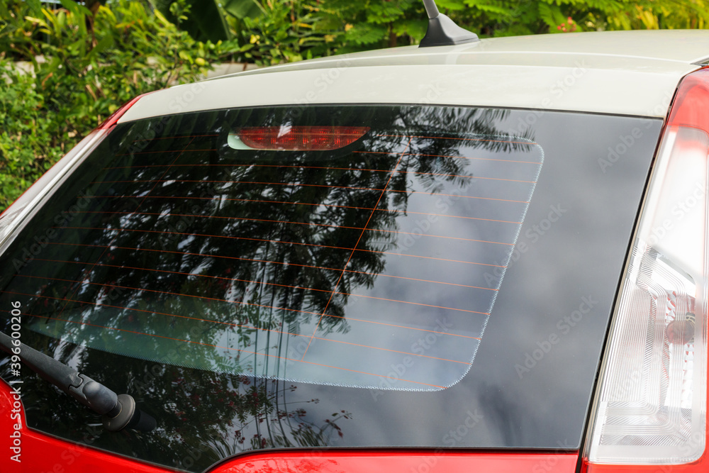 Back view of red car window for sticker mockup Stock Photo | Adobe Stock