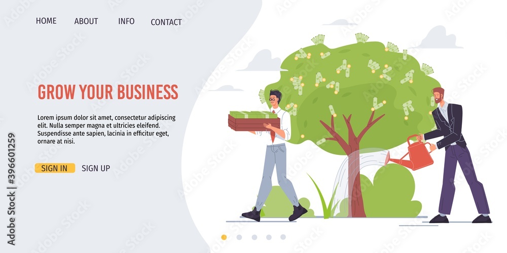 Cartoon flat characters grows profit and harvesting money income ...