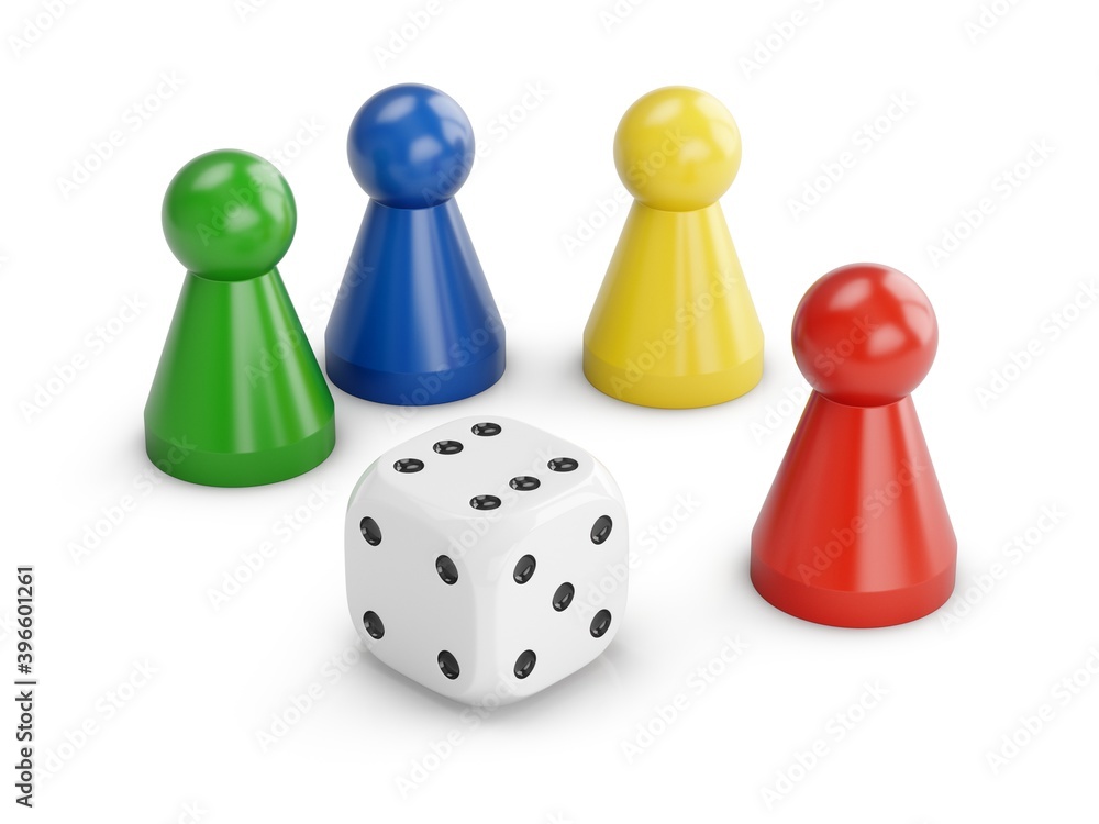 3D Rendering Game figures and one dice isolated on white background ...