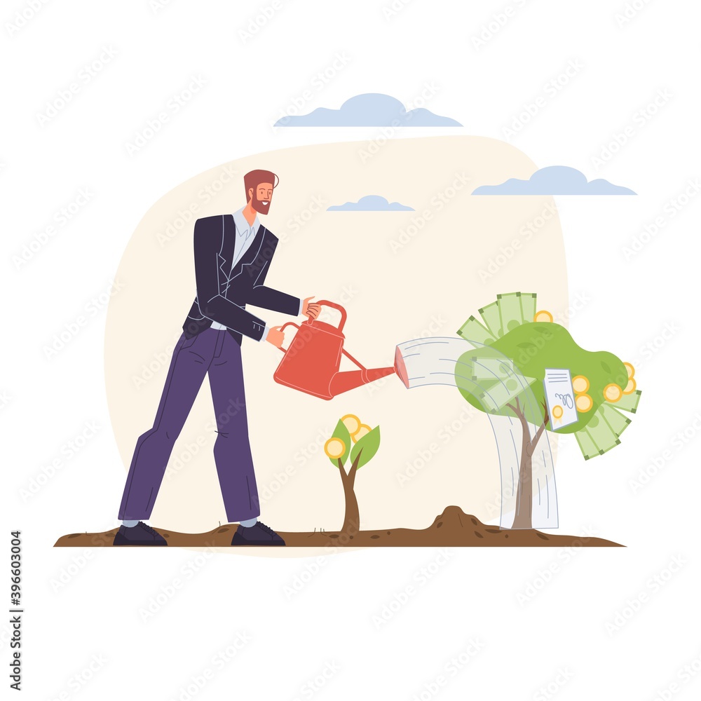 Cartoon flat character grows profit and harvesting money income ...